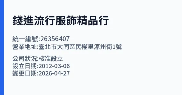 錢進流行服飾精品行的照片-統編 26356407(臺北市) 公司登記資料與營業項目詳細圖表