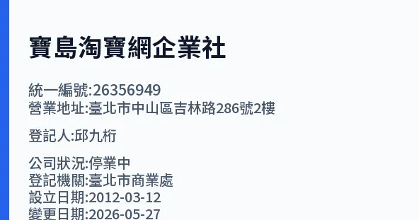 寶島淘寶網企業社的照片-統編 26356949(臺北市) 公司登記資料與營業項目詳細圖表
