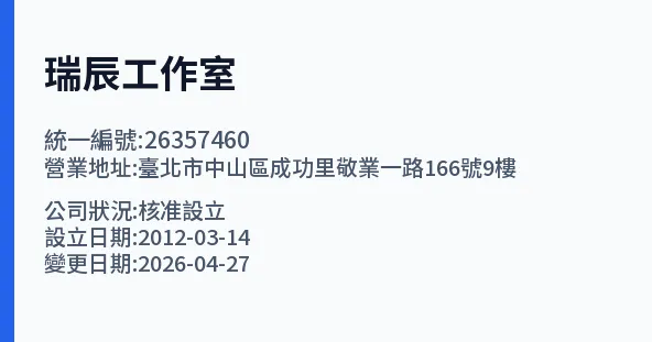 瑞辰工作室的照片-統編 26357460(臺北市) 公司登記資料與營業項目詳細圖表
