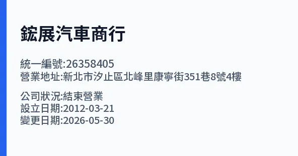鋐展汽車商行的照片-統編 26358405(新北市) 公司登記資料與營業項目詳細圖表