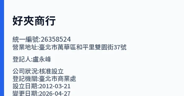好夾商行的照片-統編 26358524(臺北市) 公司登記資料與營業項目詳細圖表