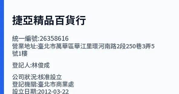 捷亞精品百貨行的照片-統編 26358616(臺北市) 公司登記資料與營業項目詳細圖表