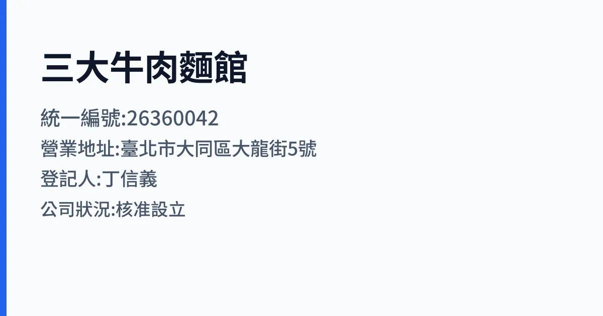 三大牛肉麵館 - 統編 26360042(臺北市) 公司登記資料與營業項目詳細圖表
