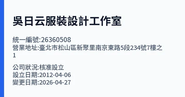 吳日云服裝設計工作室的照片-統編 26360508(臺北市) 公司登記資料與營業項目詳細圖表