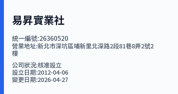 易昇實業社的照片-統編 26360520(新北市) 公司登記資料與營業項目詳細圖表