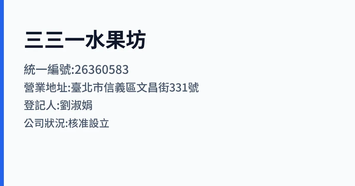 三三一水果坊 - 統編 26360583(臺北市) 公司登記資料與營業項目詳細圖表