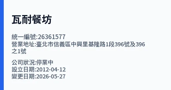 瓦耐餐坊的照片-統編 26361577(臺北市) 公司登記資料與營業項目詳細圖表