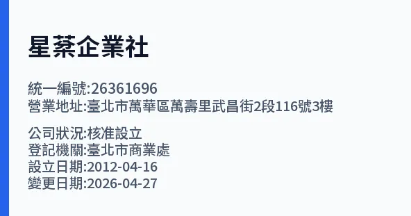 星棻企業社的照片-統編 26361696(臺北市) 公司登記資料與營業項目詳細圖表
