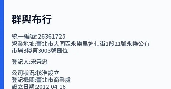 群興布行的照片-統編 26361725(臺北市) 公司登記資料與營業項目詳細圖表