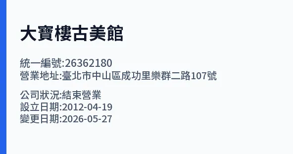 大寶樓古美館的照片-統編 26362180(臺北市) 公司登記資料與營業項目詳細圖表