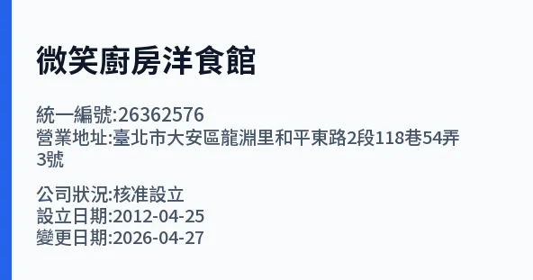 微笑廚房洋食館的照片-統編 26362576(臺北市) 公司登記資料與營業項目詳細圖表