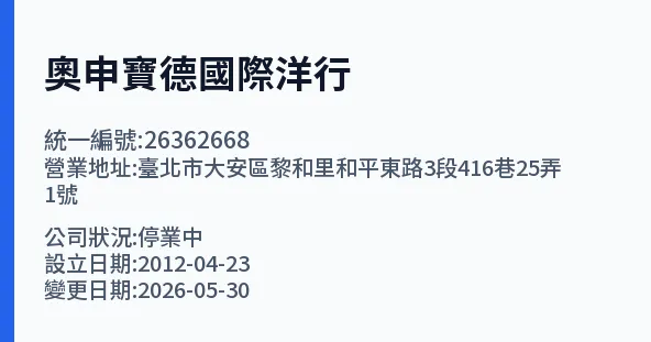 奧申寶德國際洋行的照片-統編 26362668(臺北市) 公司登記資料與營業項目詳細圖表