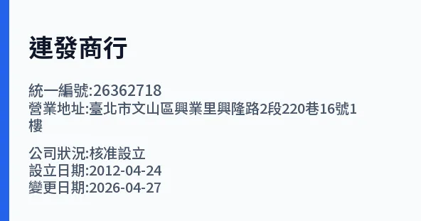 連發商行的照片-統編 26362718(臺北市) 公司登記資料與營業項目詳細圖表