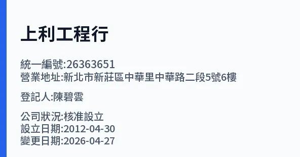 上利工程行的照片-統編 26363651(新北市) 公司登記資料與營業項目詳細圖表