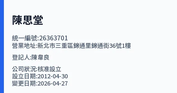 陳思堂的照片-統編 26363701(新北市) 公司登記資料與營業項目詳細圖表