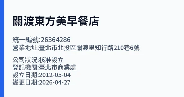 關渡東方美早餐店的照片-統編 26364286(臺北市) 公司登記資料與營業項目詳細圖表
