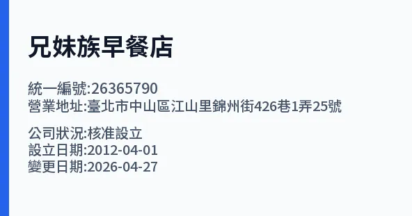 兄妹族早餐店的照片-統編 26365790(臺北市) 公司登記資料與營業項目詳細圖表