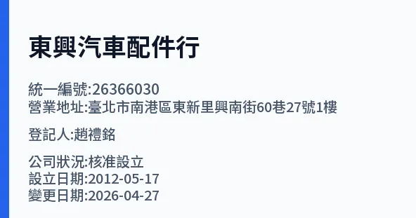 東興汽車配件行的照片-統編 26366030(臺北市) 公司登記資料與營業項目詳細圖表