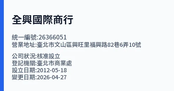 全興國際商行的照片-統編 26366051(臺北市) 公司登記資料與營業項目詳細圖表