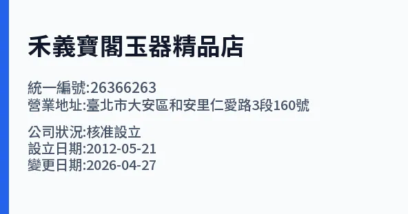 禾義寶閣玉器精品店的照片-統編 26366263(臺北市) 公司登記資料與營業項目詳細圖表
