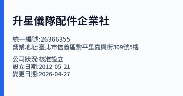 升星儀隊配件企業社的照片-統編 26366355(臺北市) 公司登記資料與營業項目詳細圖表