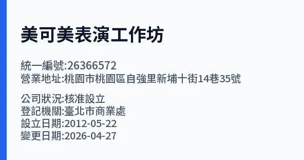 美可美表演工作坊的照片-統編 26366572(桃園市) 公司登記資料與營業項目詳細圖表