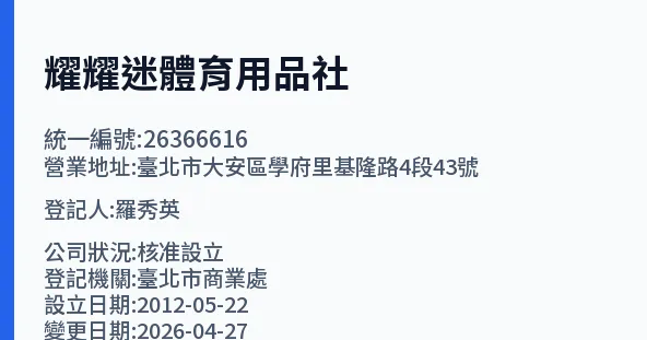 耀耀迷體育用品社的照片-統編 26366616(臺北市) 公司登記資料與營業項目詳細圖表