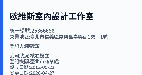 歐維斯室內設計工作室的照片-統編 26366658(臺北市) 公司登記資料與營業項目詳細圖表