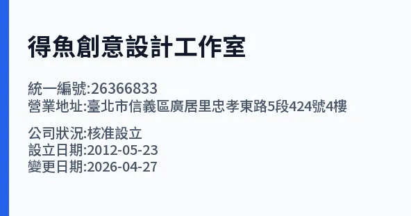 得魚創意設計工作室的照片-統編 26366833(臺北市) 公司登記資料與營業項目詳細圖表