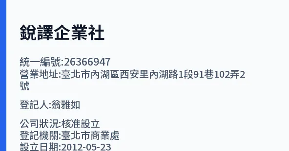 銳譯企業社的照片-統編 26366947(臺北市) 公司登記資料與營業項目詳細圖表