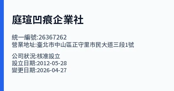 庭瑄凹痕企業社的照片-統編 26367262(臺北市) 公司登記資料與營業項目詳細圖表