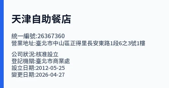 天津自助餐店的照片-統編 26367360(臺北市) 公司登記資料與營業項目詳細圖表