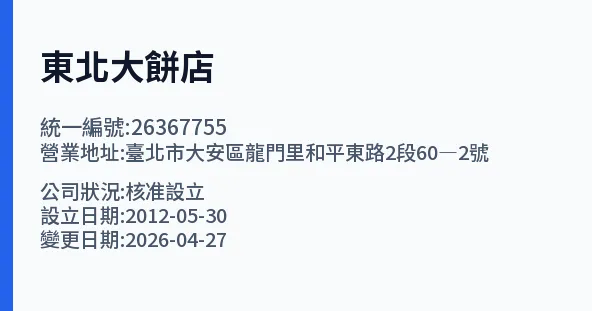 東北大餅店的照片-統編 26367755(臺北市) 公司登記資料與營業項目詳細圖表