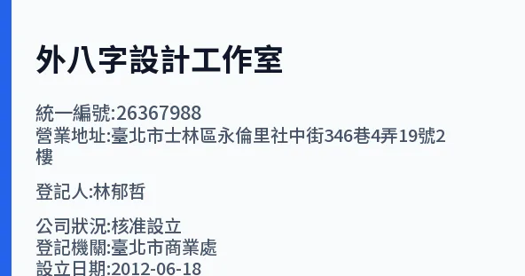 外八字設計工作室的照片-統編 26367988(臺北市) 公司登記資料與營業項目詳細圖表