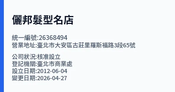 儷邦髮型名店的照片-統編 26368494(臺北市) 公司登記資料與營業項目詳細圖表