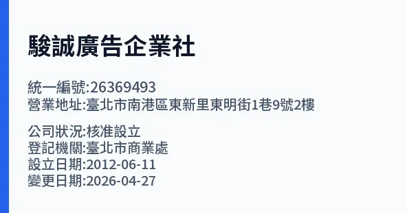 駿誠廣告企業社的照片-統編 26369493(臺北市) 公司登記資料與營業項目詳細圖表