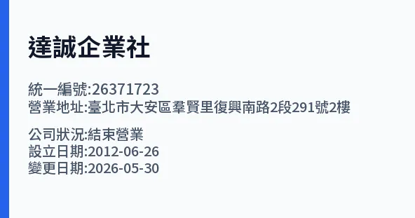 達誠企業社的照片-統編 26371723(臺北市) 公司登記資料與營業項目詳細圖表