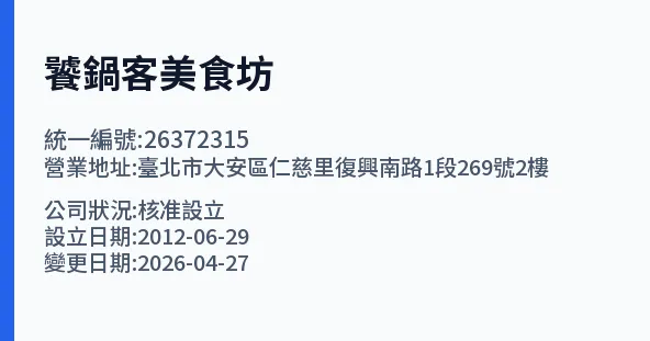 饕鍋客美食坊的照片-統編 26372315(臺北市) 公司登記資料與營業項目詳細圖表