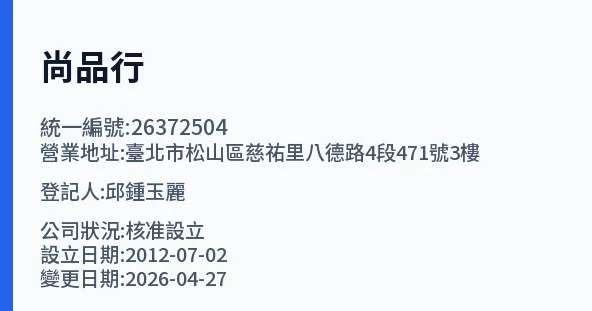 尚品行的照片-統編 26372504(臺北市) 公司登記資料與營業項目詳細圖表