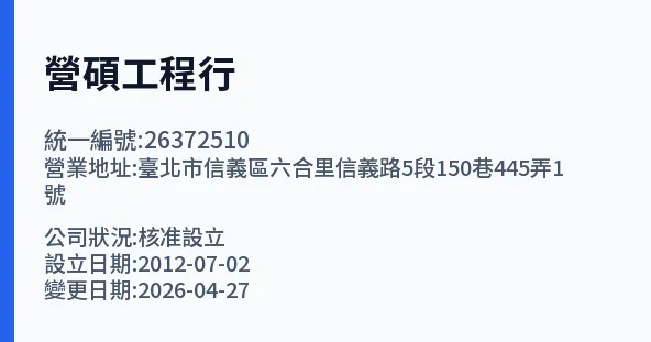 營碩工程行的照片-統編 26372510(臺北市) 公司登記資料與營業項目詳細圖表