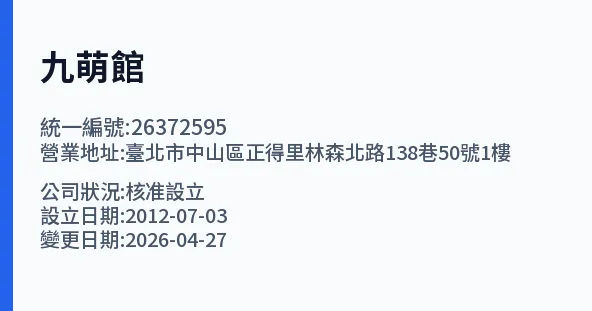 九萌館的照片-統編 26372595(臺北市) 公司登記資料與營業項目詳細圖表
