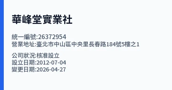 華峰堂實業社的照片-統編 26372954(臺北市) 公司登記資料與營業項目詳細圖表