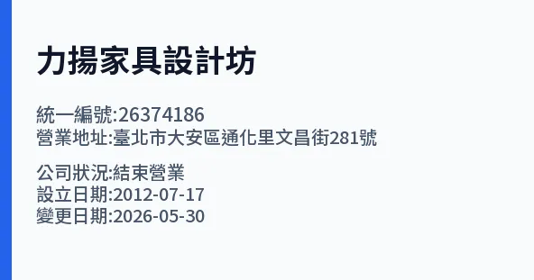 力揚家具設計坊的照片-統編 26374186(臺北市) 公司登記資料與營業項目詳細圖表