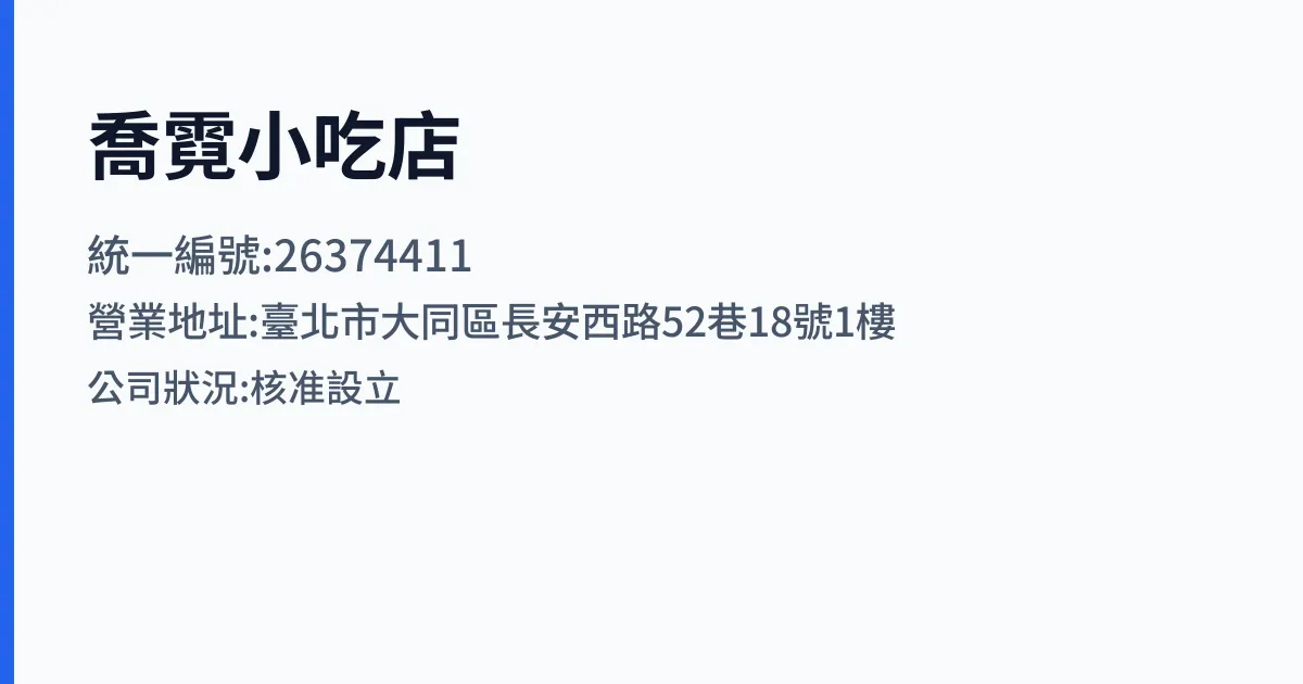 喬霓小吃店 - 統編 26374411(臺北市) 公司登記資料與營業項目詳細圖表