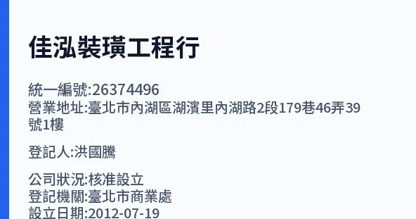 佳泓裝璜工程行的照片-統編 26374496(臺北市) 公司登記資料與營業項目詳細圖表