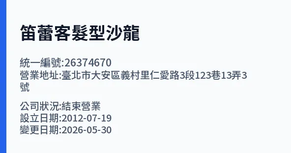 笛蕾客髮型沙龍的照片-統編 26374670(臺北市) 公司登記資料與營業項目詳細圖表