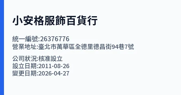 小安格服飾百貨行的照片-統編 26376776(臺北市) 公司登記資料與營業項目詳細圖表
