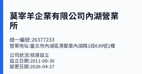莫宰羊企業有限公司內湖營業所的照片-統編 26377233(臺北市) 公司登記資料與營業項目詳細圖表