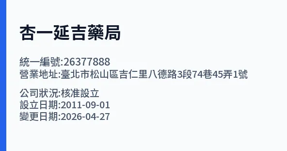 杏一延吉藥局的照片-統編 26377888(臺北市) 公司登記資料與營業項目詳細圖表