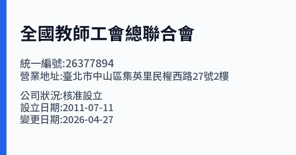全國教師工會總聯合會的照片-統編 26377894(臺北市) 公司登記資料與營業項目詳細圖表